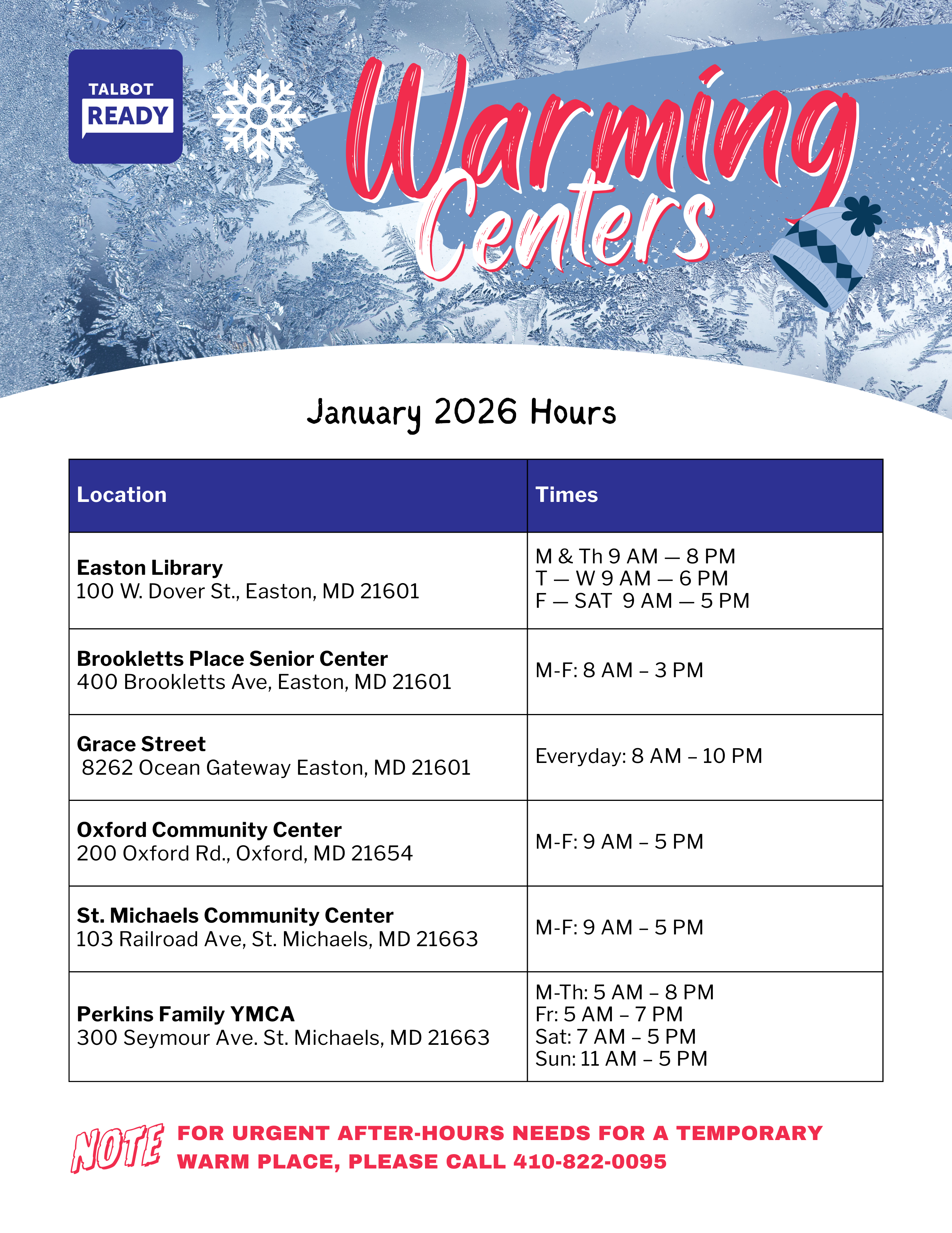Warming Centers to Open Tuesday, January 20th - Talbot County, Maryland